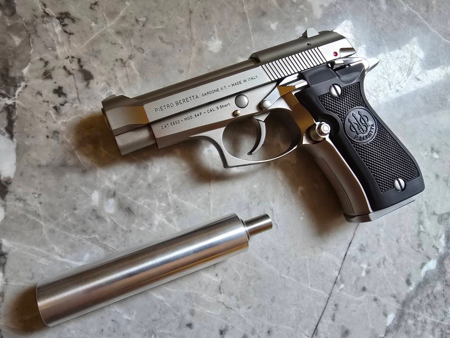 Sirius Custom Stainless Steel Beretta M84 GBBP w/ Aluminum Dummy Suppr ...